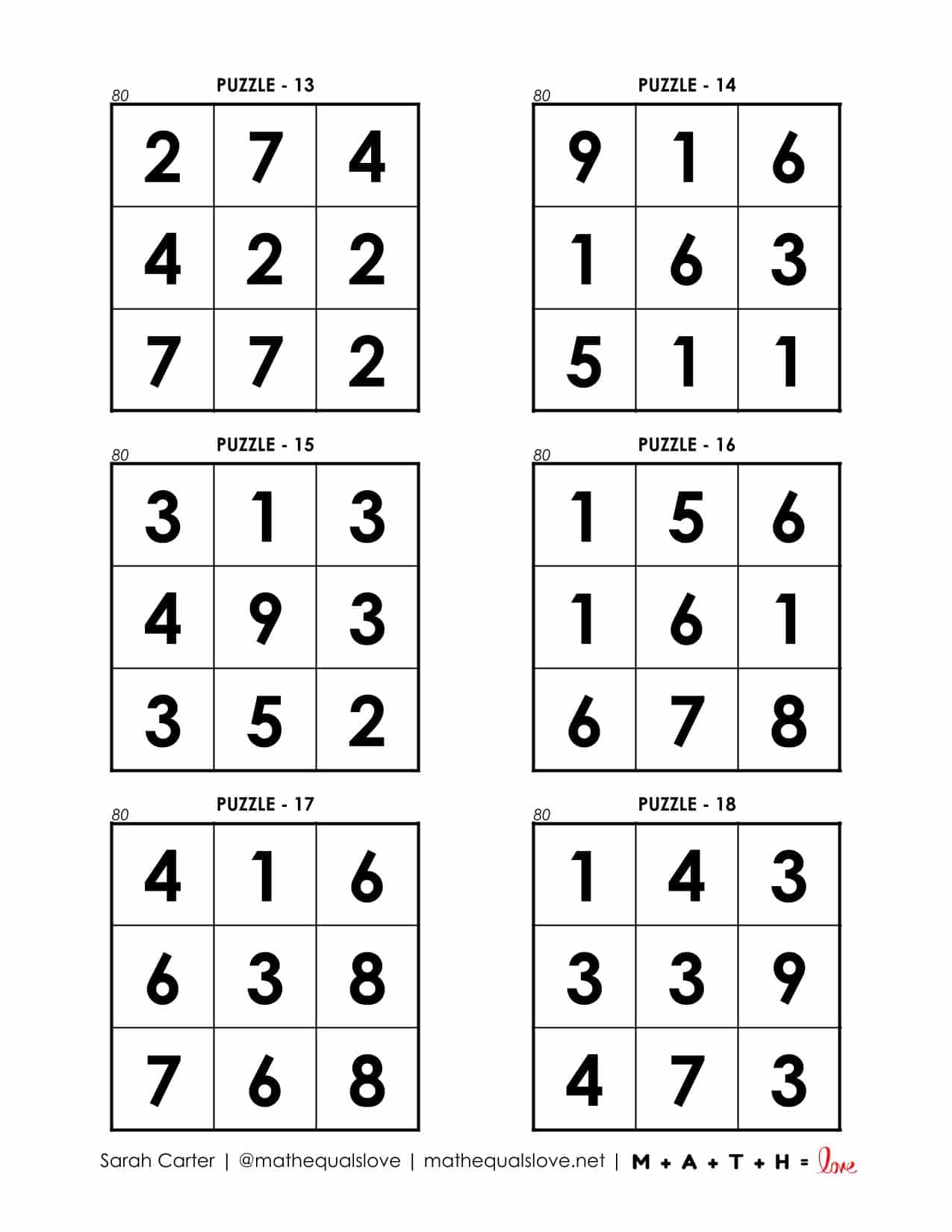 80 Square Digit Addition Logic Puzzles | Math = Love