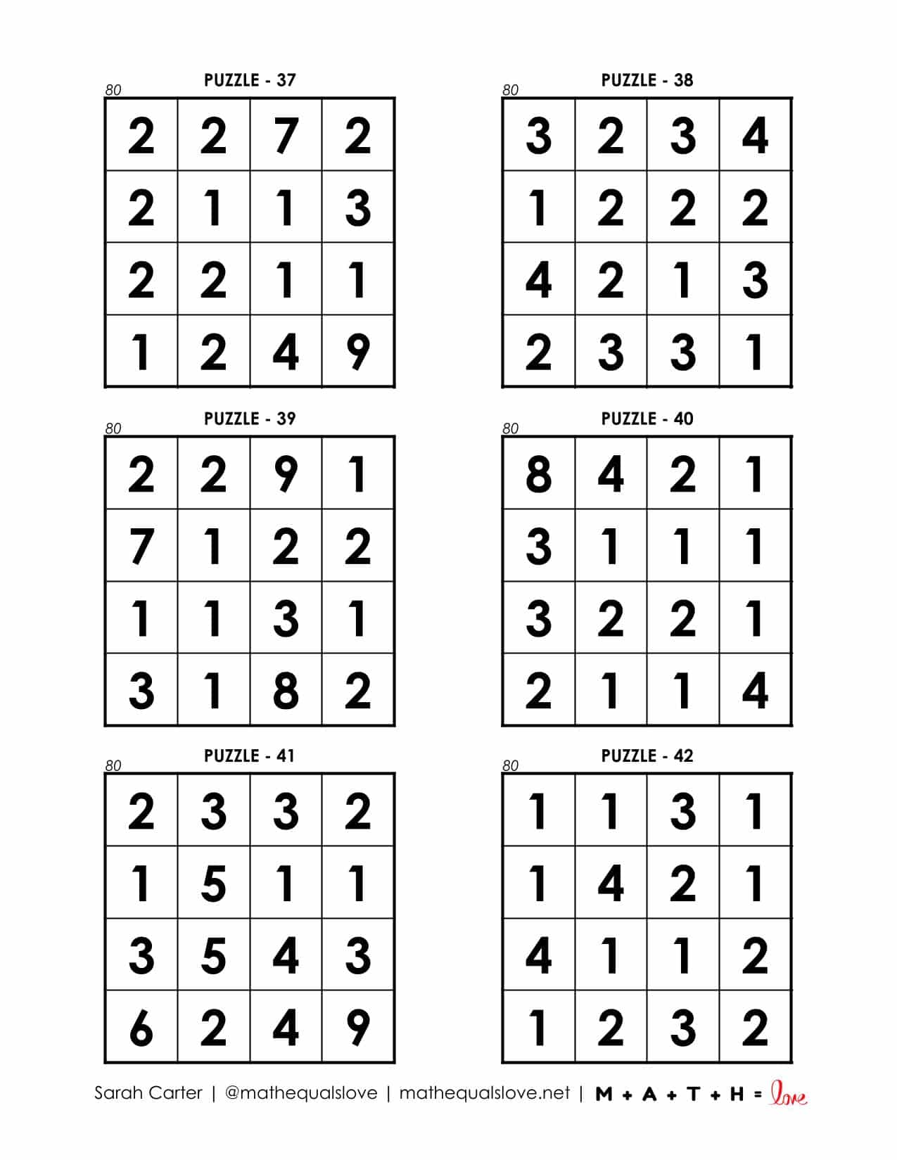 80 Square Digit Addition Logic Puzzles | Math = Love