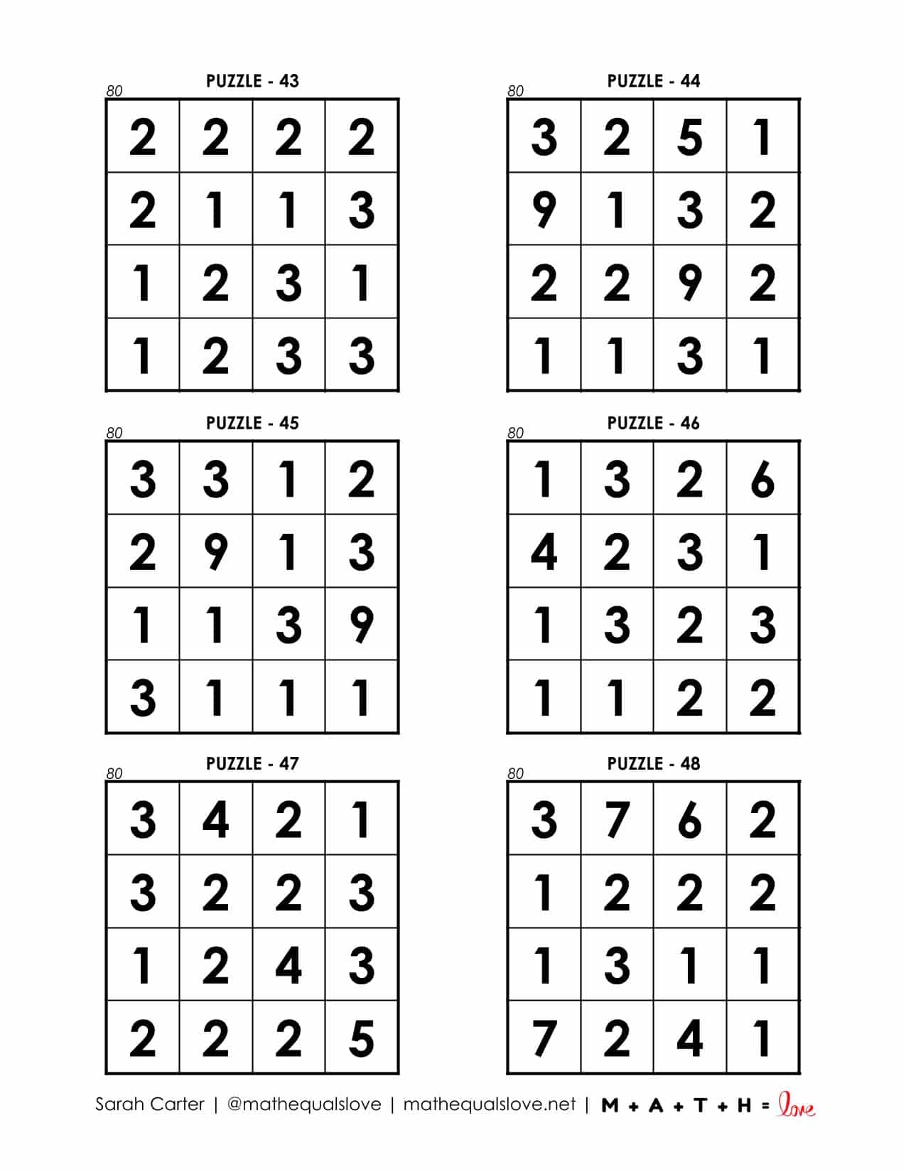 80 Square Digit Addition Logic Puzzles | Math = Love