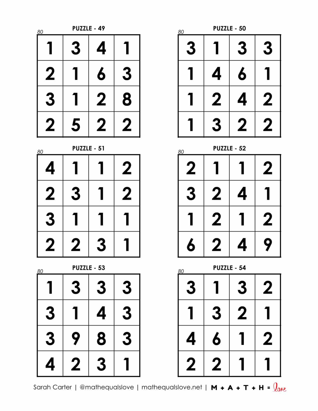 80 Square Digit Addition Logic Puzzles | Math = Love