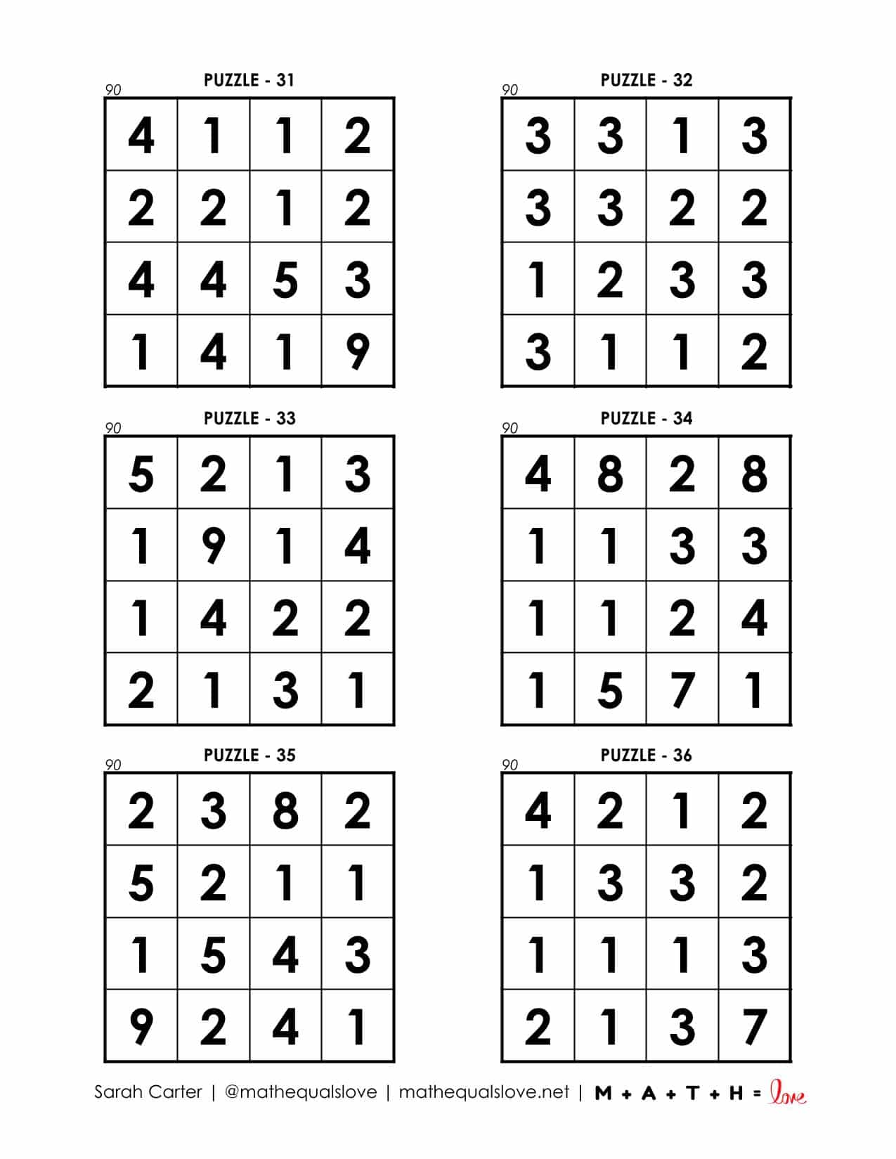 90 Square Digit Addition Logic Puzzles | Math = Love