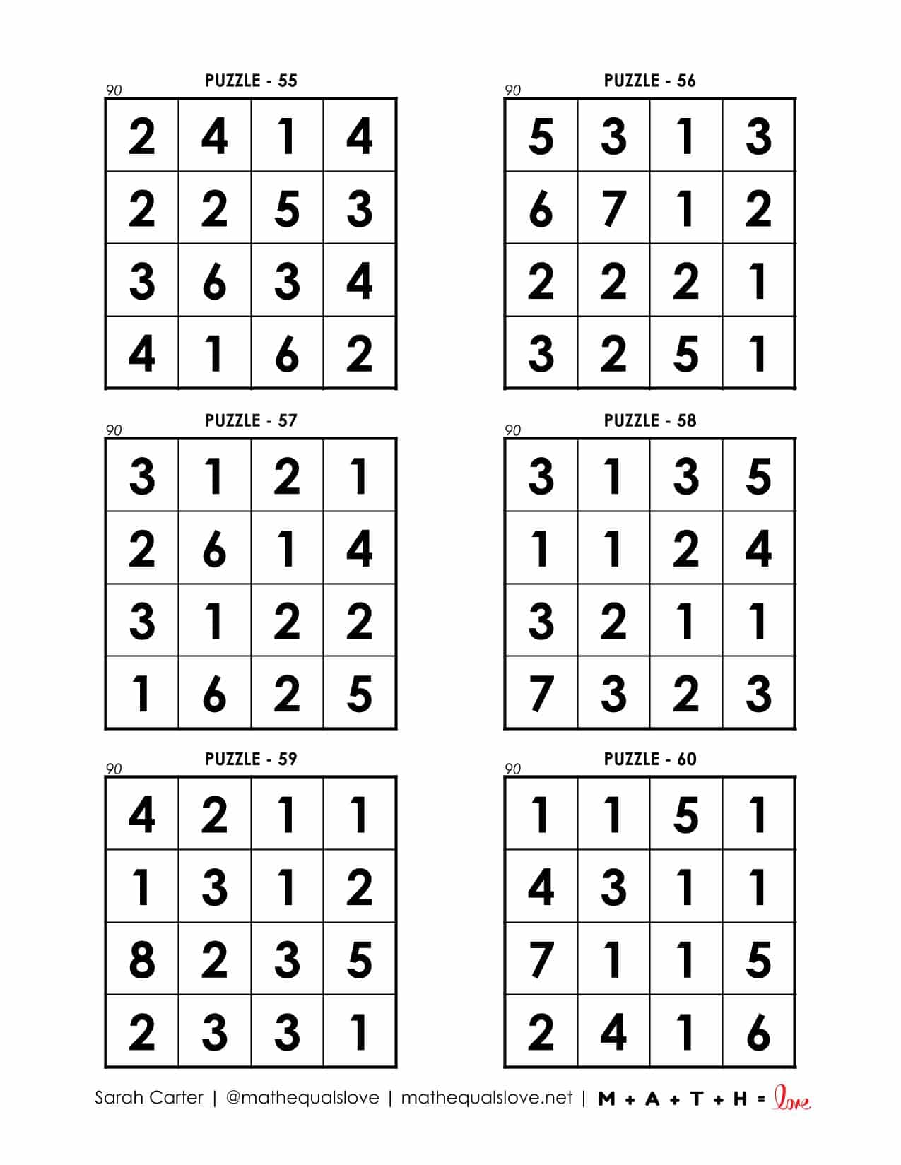 90 Square Digit Addition Logic Puzzles | Math = Love