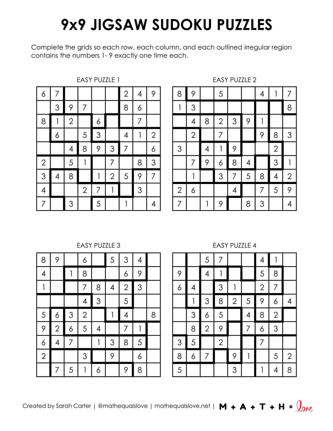 9x9 Jigsaw Sudoku Puzzles | Math = Love