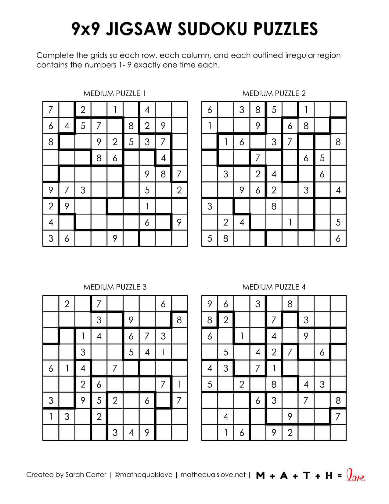 9x9 Jigsaw Sudoku Puzzles | Math = Love