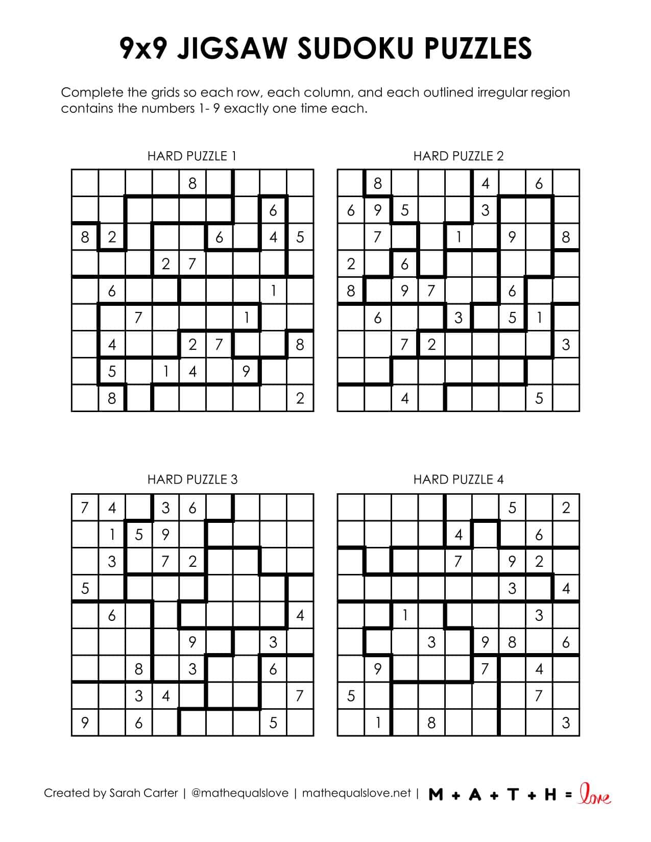 9x9 Jigsaw Sudoku Puzzles | Math = Love