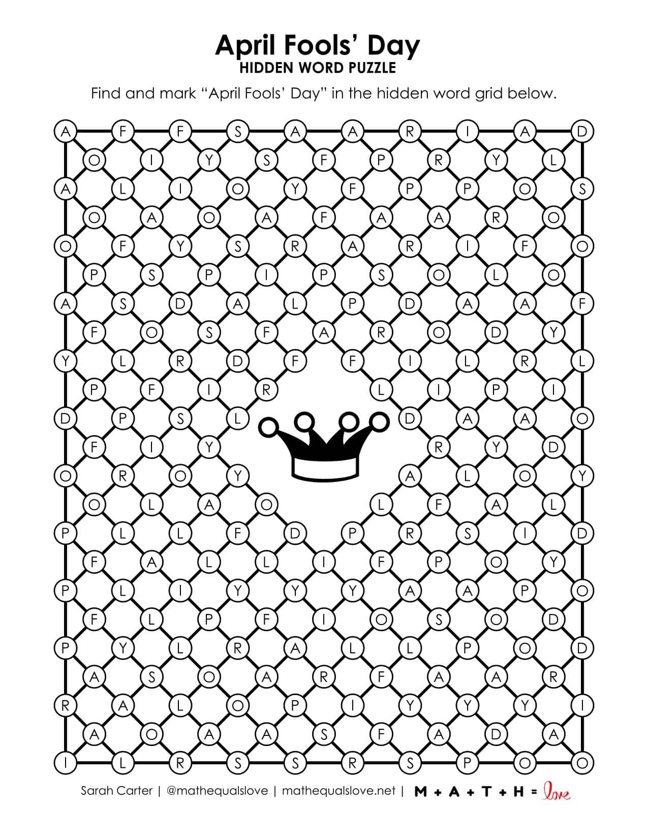 April Fools' Day Hidden Word Puzzle | Math = Love