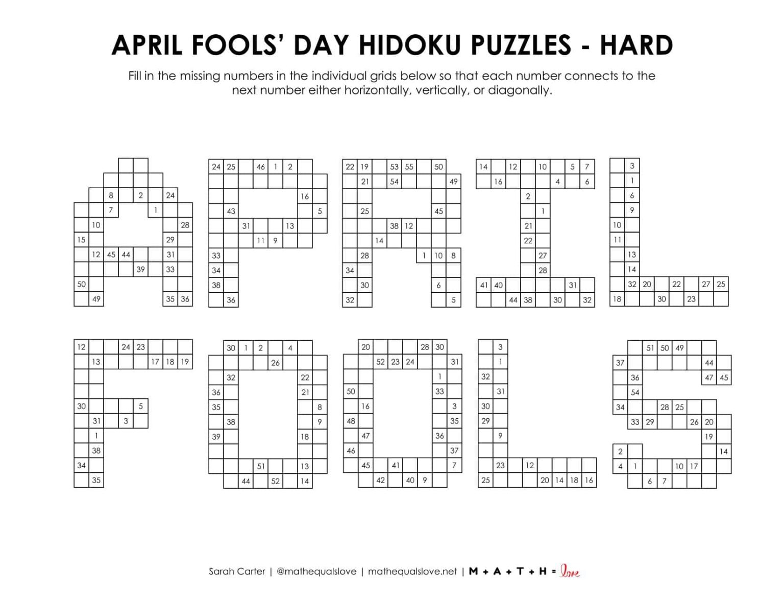 April Fools' Day Hidoku Logic Puzzles | Math = Love