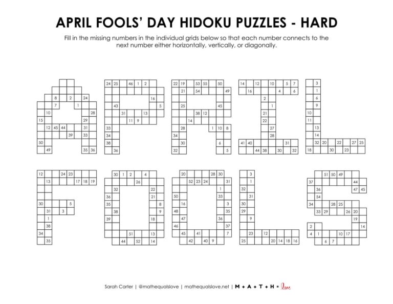 April Fools' Day Hidoku Logic Puzzles | Math = Love