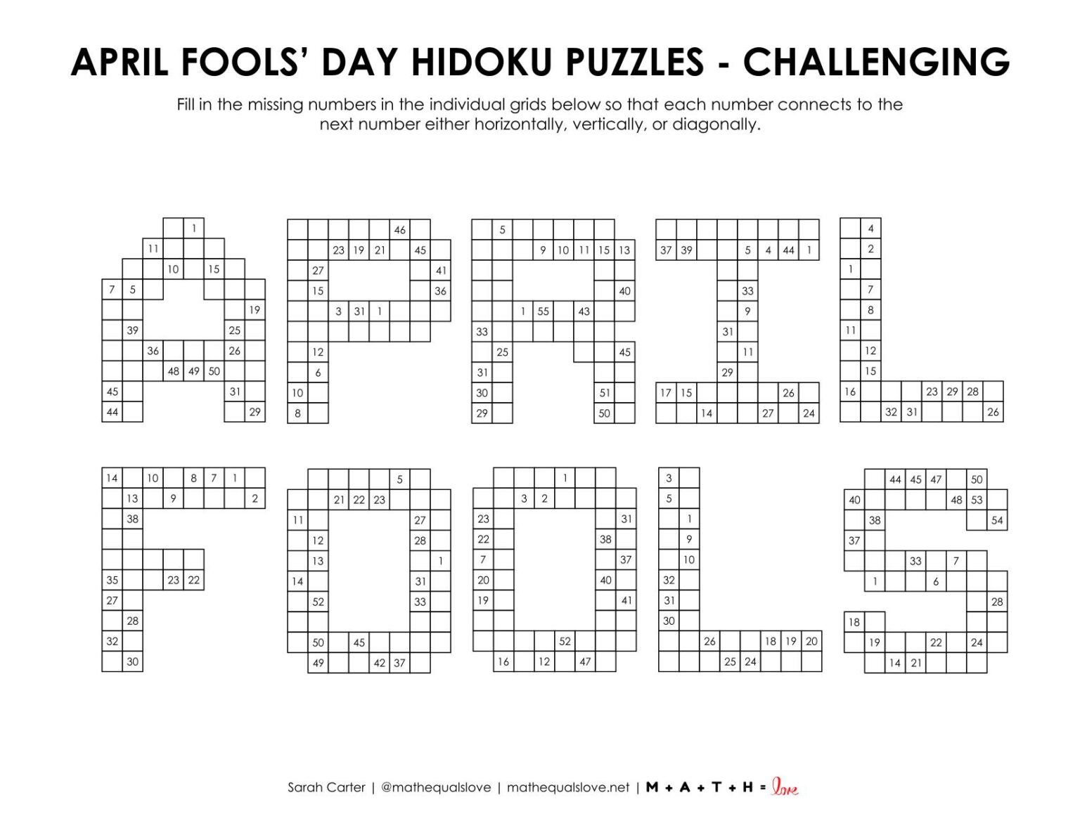 April Fools' Day Hidoku Logic Puzzles | Math = Love