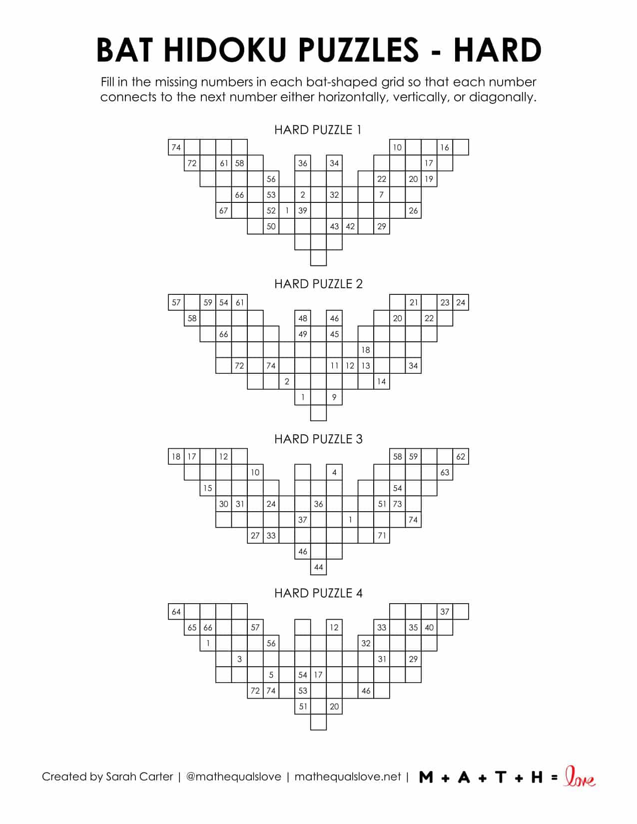 Bat Hidoku Puzzles for Halloween | Math = Love
