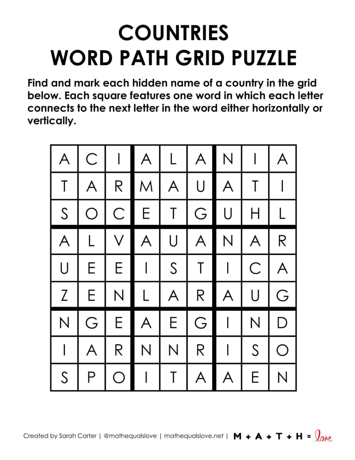 Countries Word Path Grid Puzzle | Math = Love