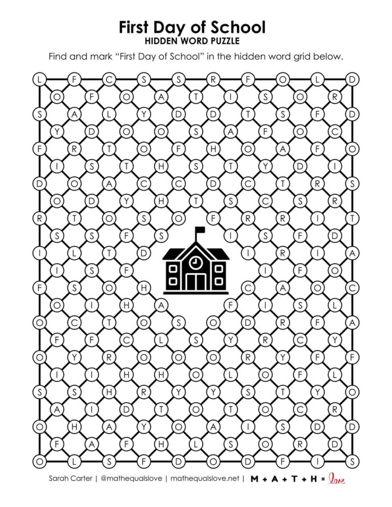 First Day of School Hidden Word Puzzle Activity (Free PDF)