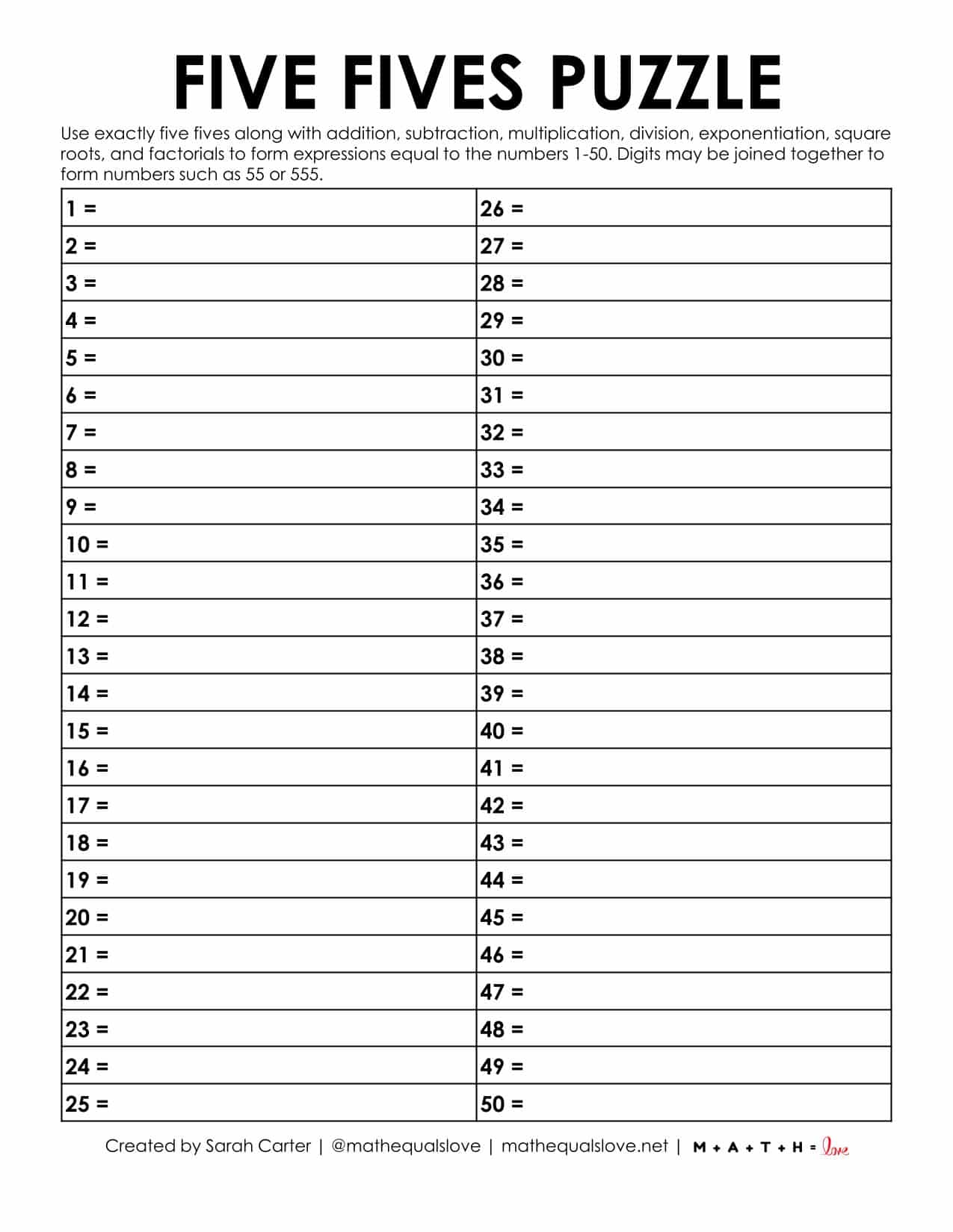 Five Fives Puzzle | Math = Love