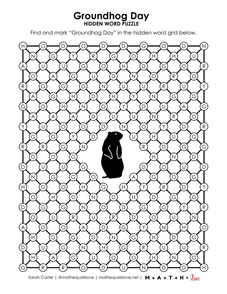 Groundhog Day Hidden Word Puzzle | Math = Love