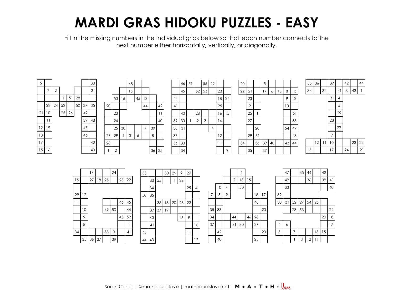 Mardi Gras Hidoku Logic Puzzles | Math = Love