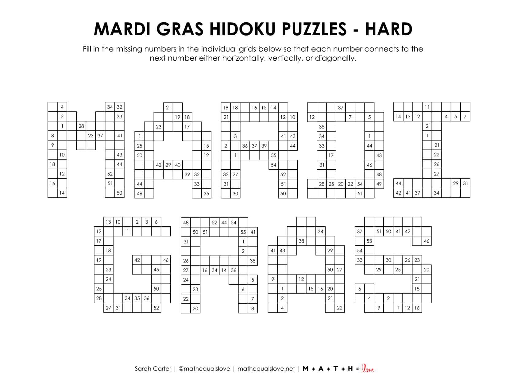 Mardi Gras Hidoku Logic Puzzles | Math = Love