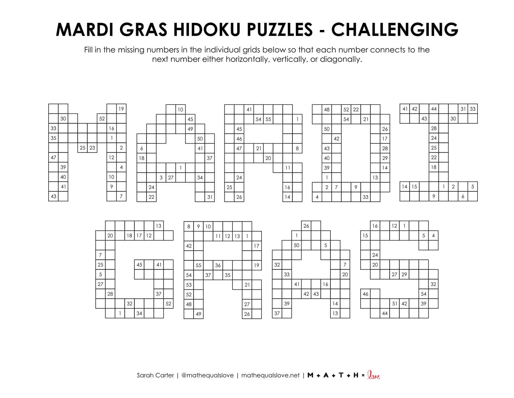 Mardi Gras Hidoku Logic Puzzles | Math = Love