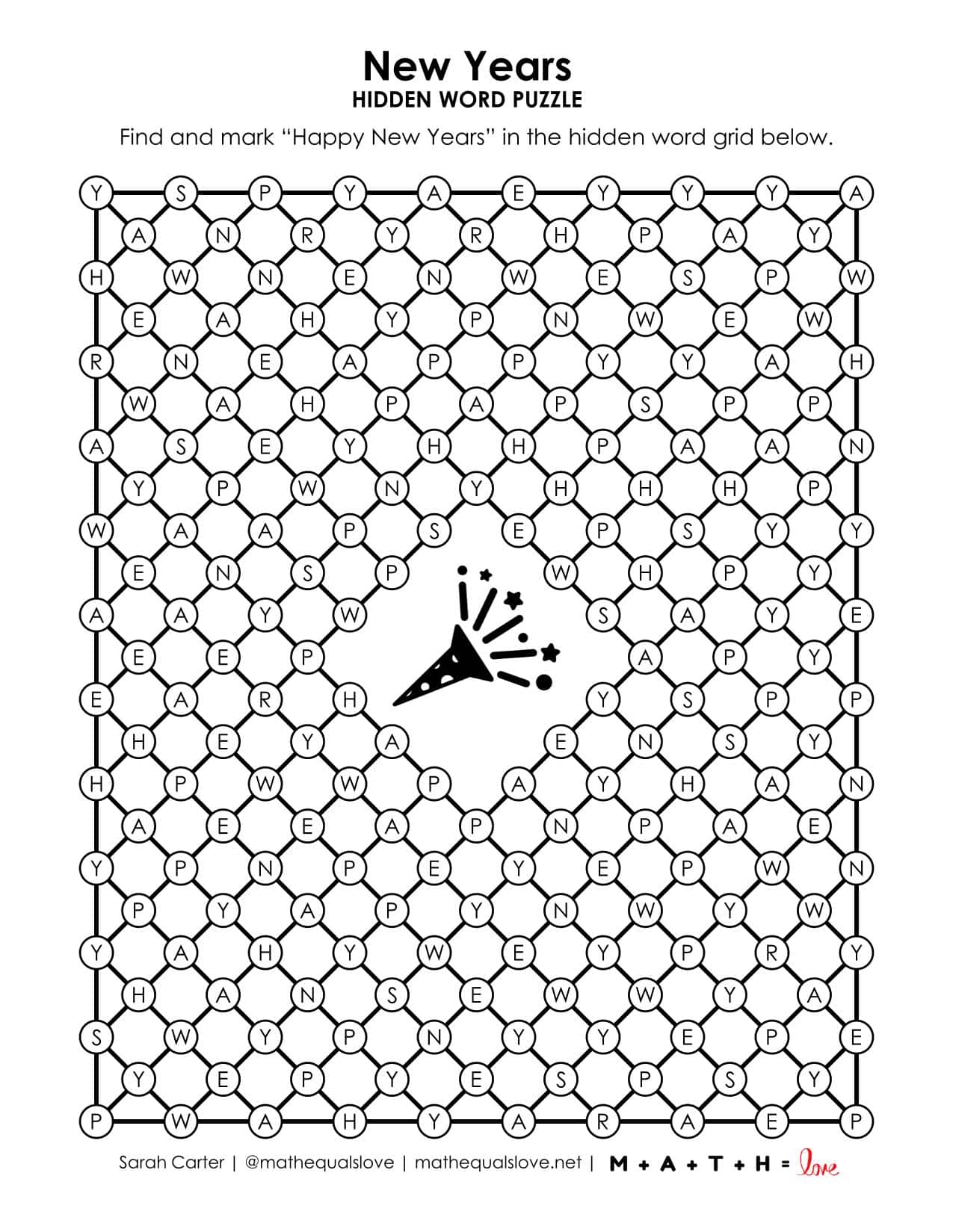 New Years Hidden Word Puzzle | Math = Love