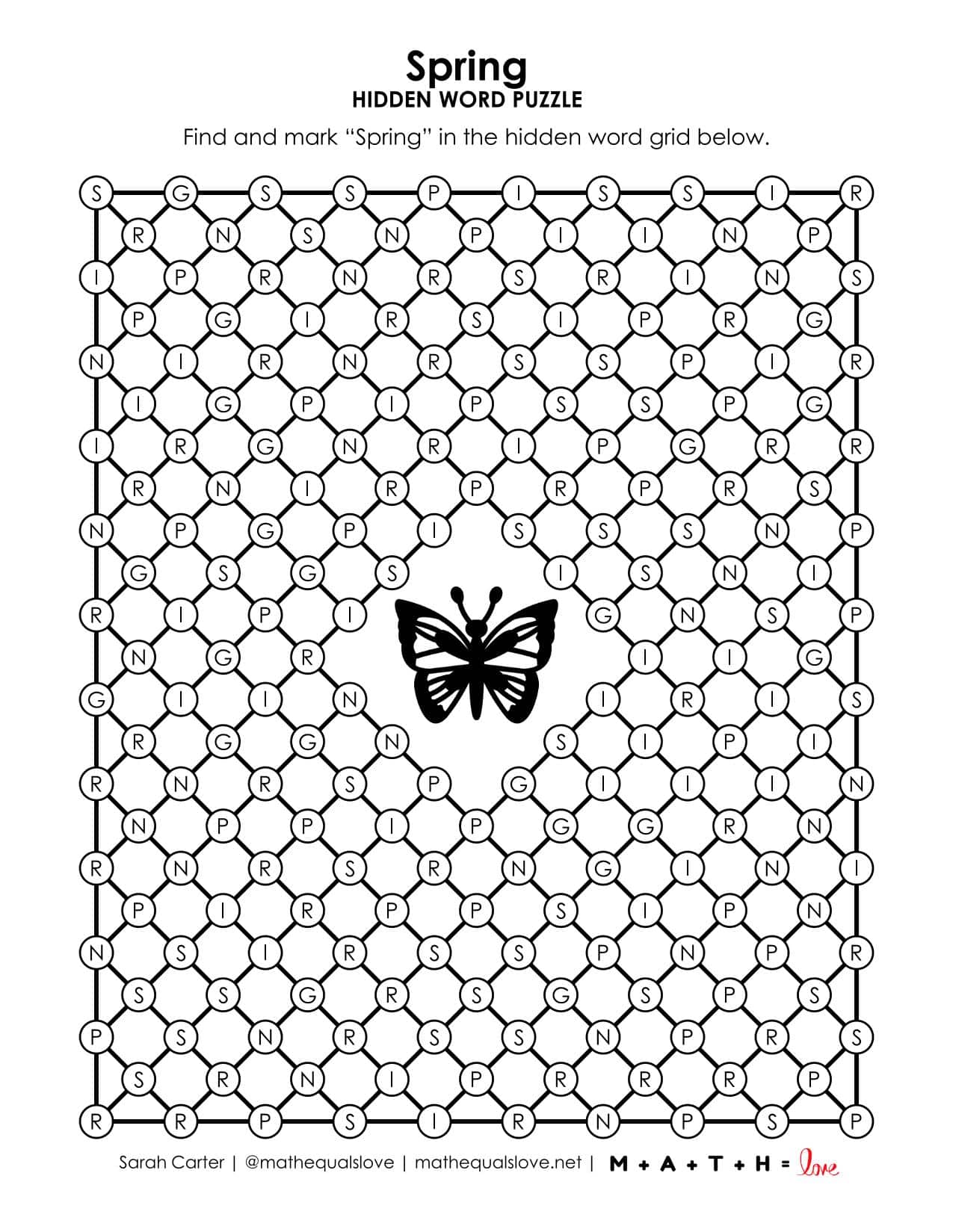 Spring Hidden Word Puzzle | Math = Love