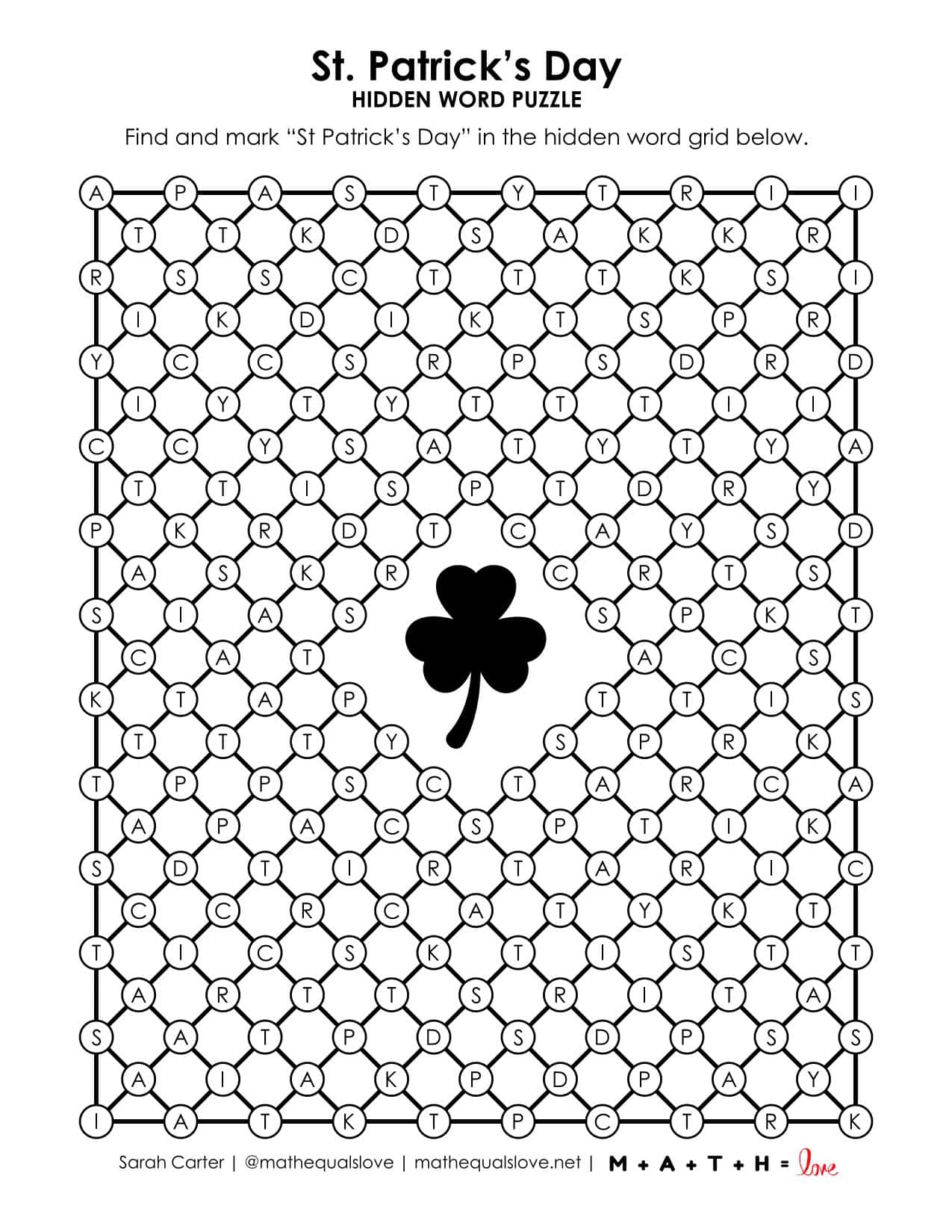 St. Patrick's Day Hidden Word Puzzle | Math = Love