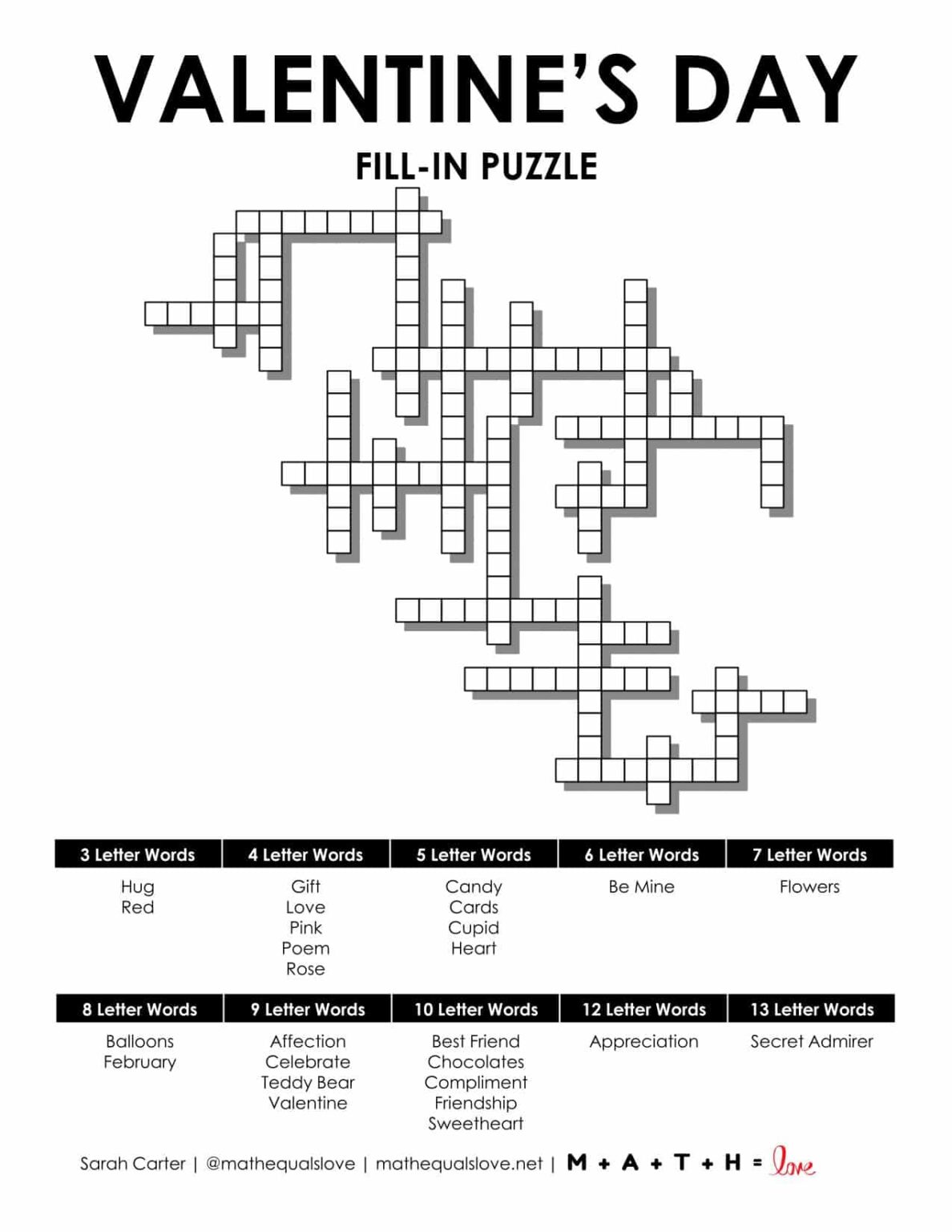 Valentine's Day Fill-In Puzzle | Math = Love