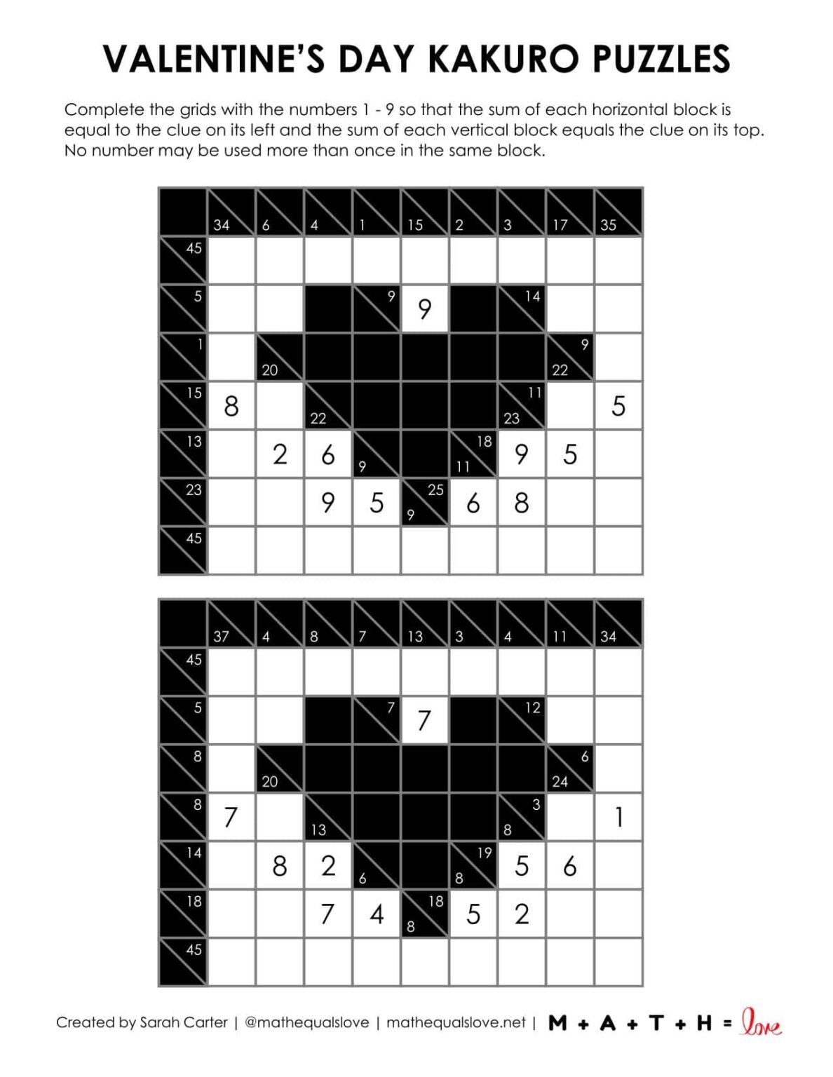 Valentine's Day Kakuro Puzzles | Math = Love