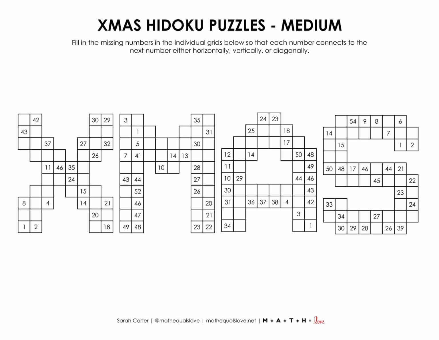 Xmas Hidoku Puzzle | Math = Love