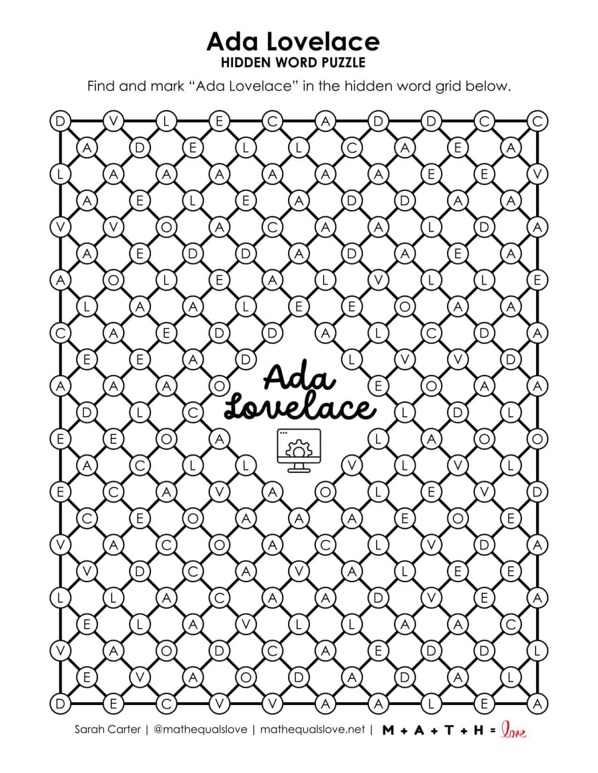 Ada Lovelace Hidden Word Puzzle | Math = Love