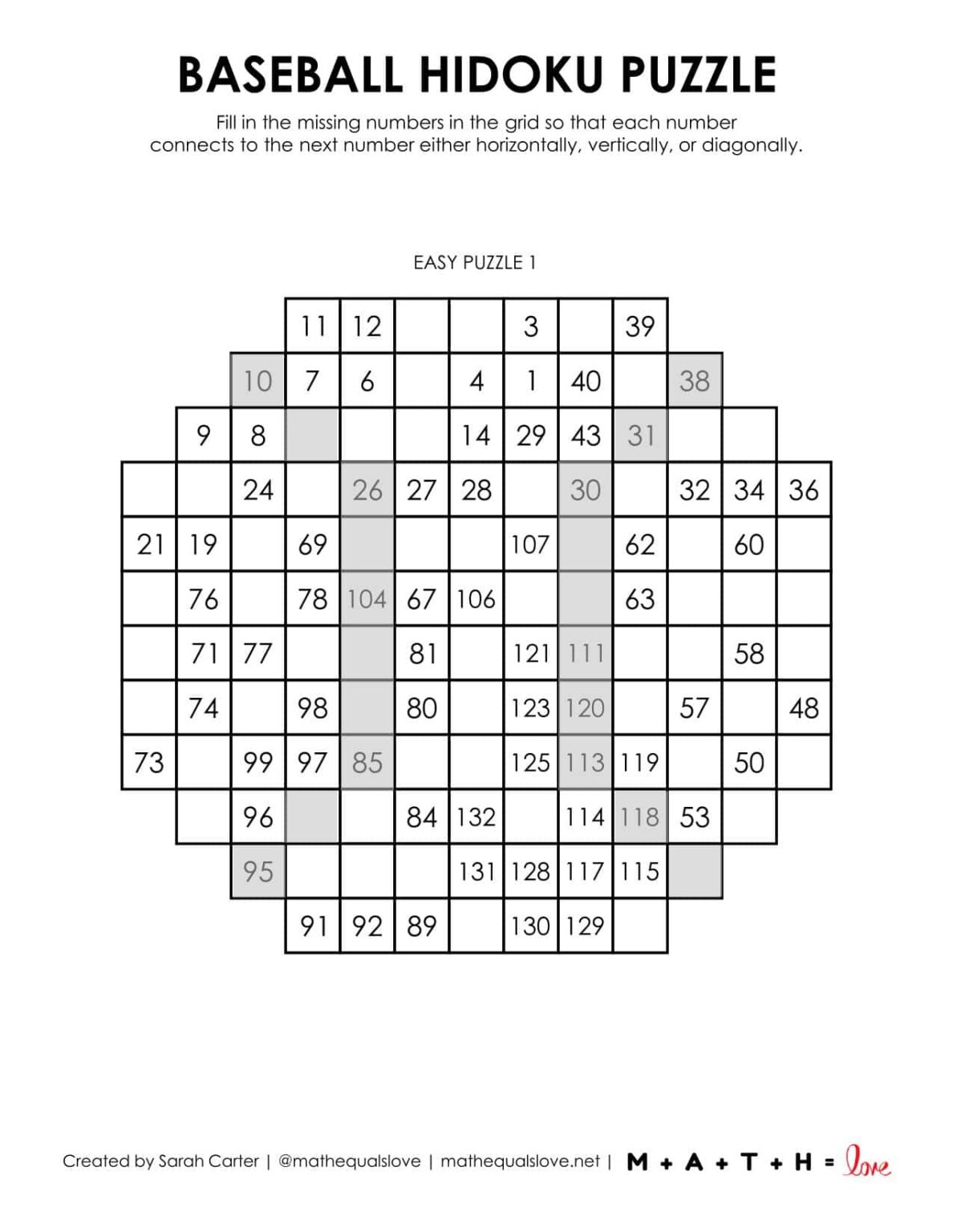 Baseball Hidoku Logic Puzzles | Math = Love