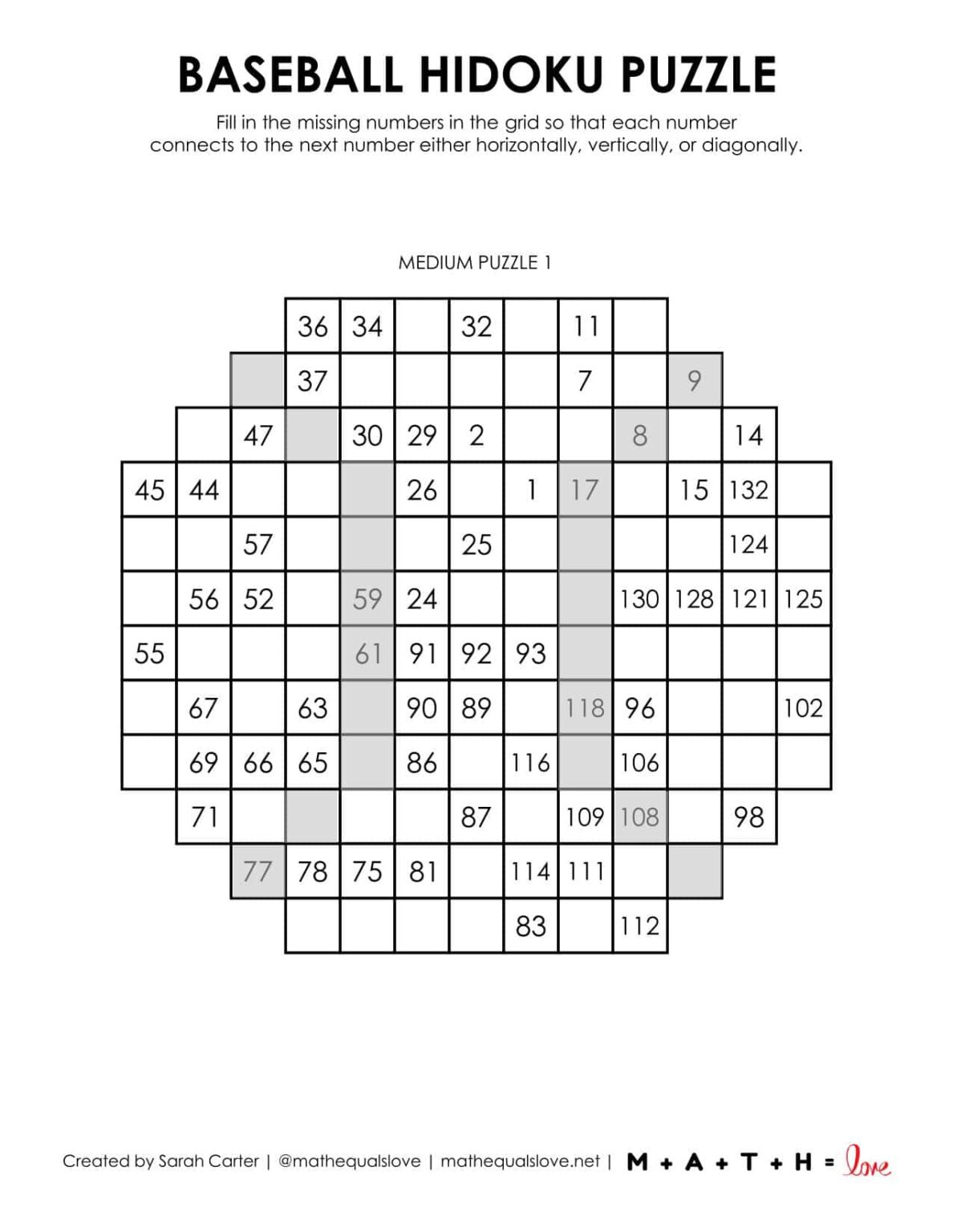 Baseball Hidoku Logic Puzzles | Math = Love