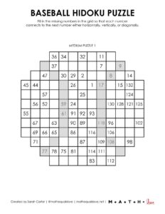 Baseball Hidoku Logic Puzzles | Math = Love