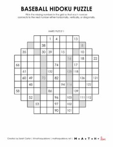 Baseball Hidoku Logic Puzzles | Math = Love