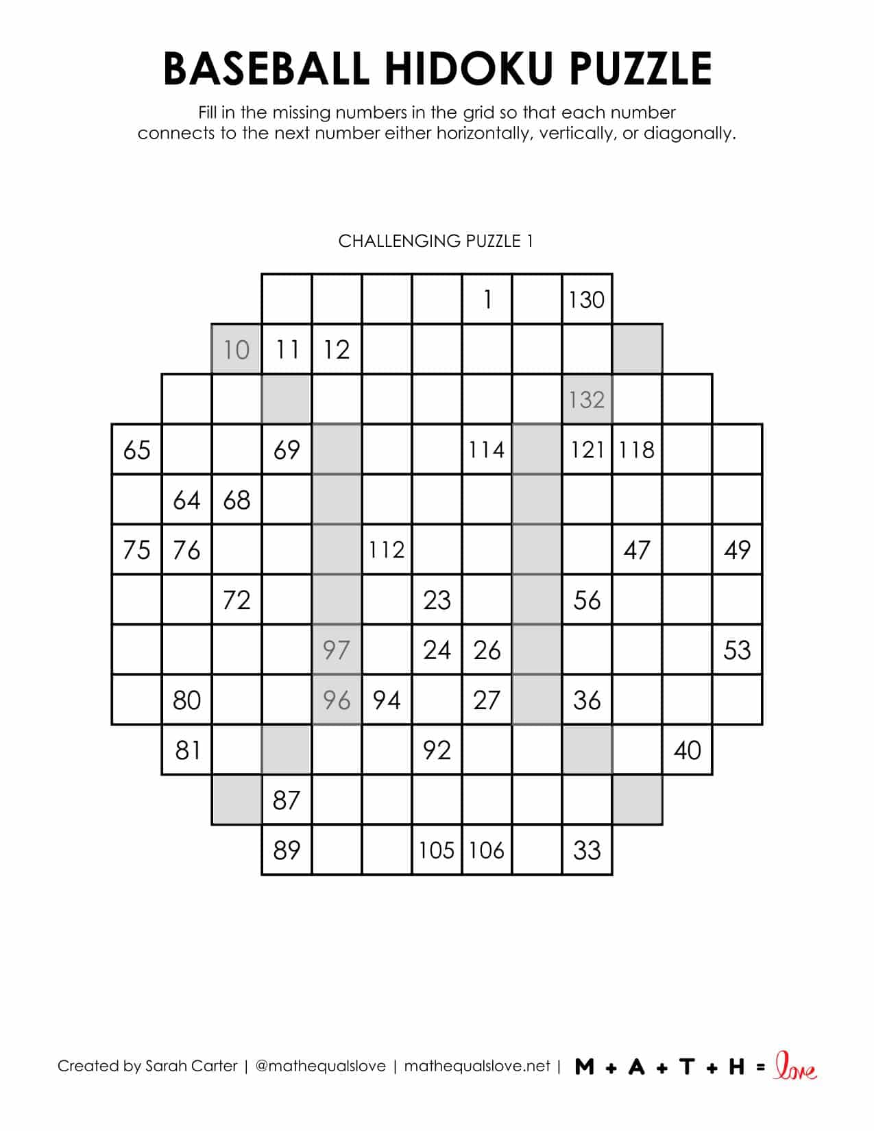 Baseball Hidoku Logic Puzzles | Math = Love