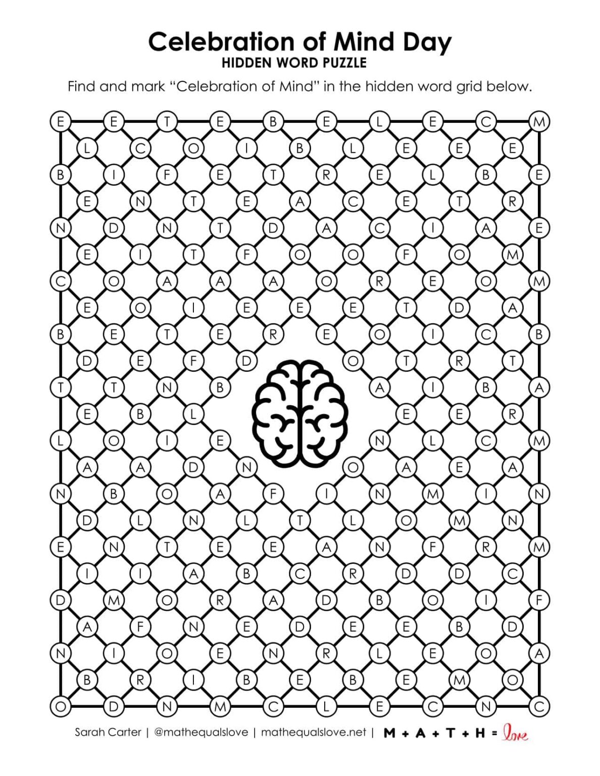 Celebration of Mind Day Hidden Word Puzzle | Math = Love