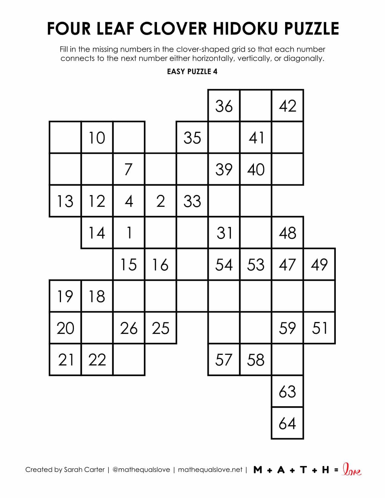 Four-Leaf Clover Hidoku Puzzles for St. Patrick's Day | Math = Love
