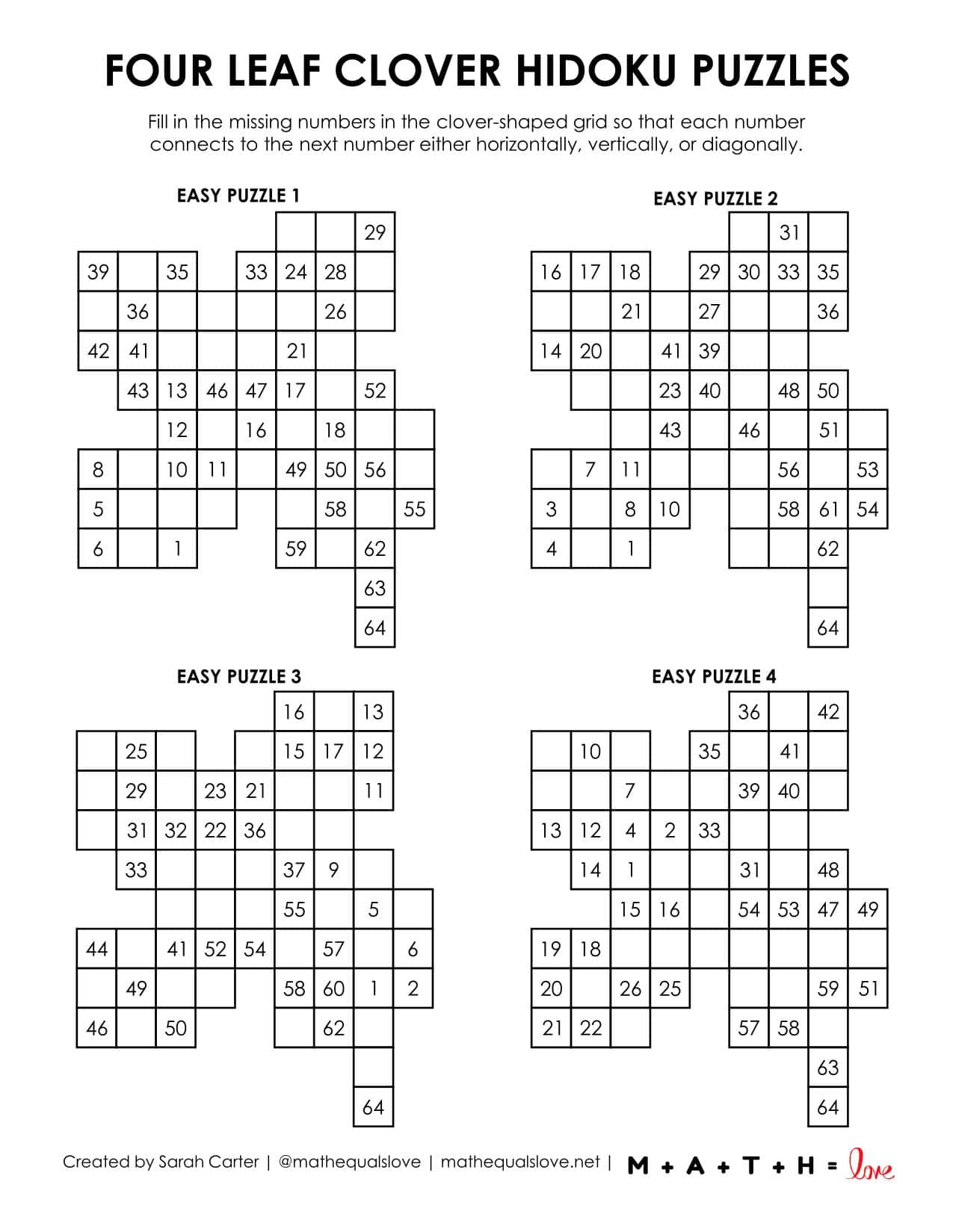 Four-Leaf Clover Hidoku Puzzles for St. Patrick's Day | Math = Love