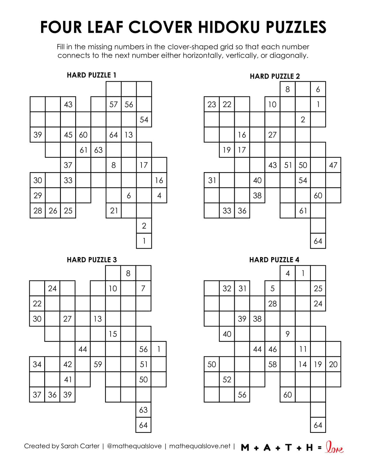 Four-Leaf Clover Hidoku Puzzles for St. Patrick's Day | Math = Love