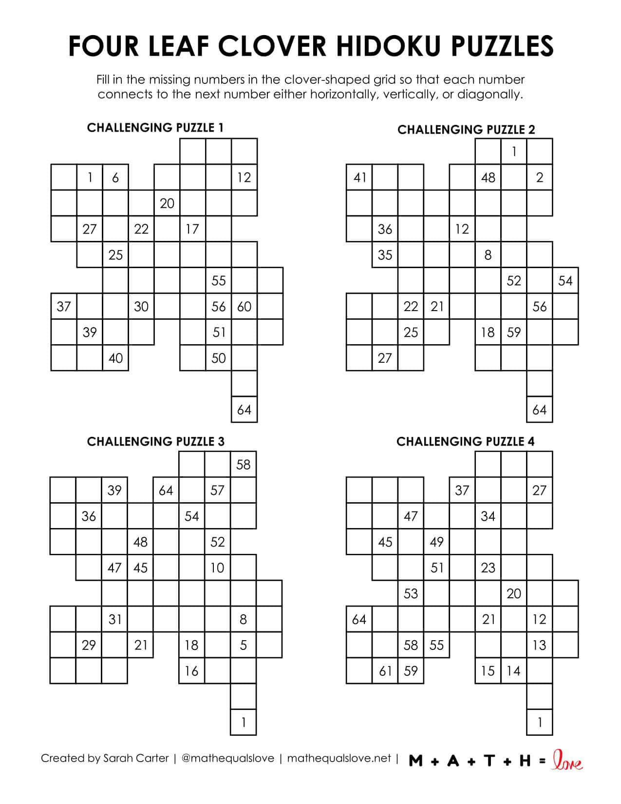 Four-Leaf Clover Hidoku Puzzles for St. Patrick's Day | Math = Love