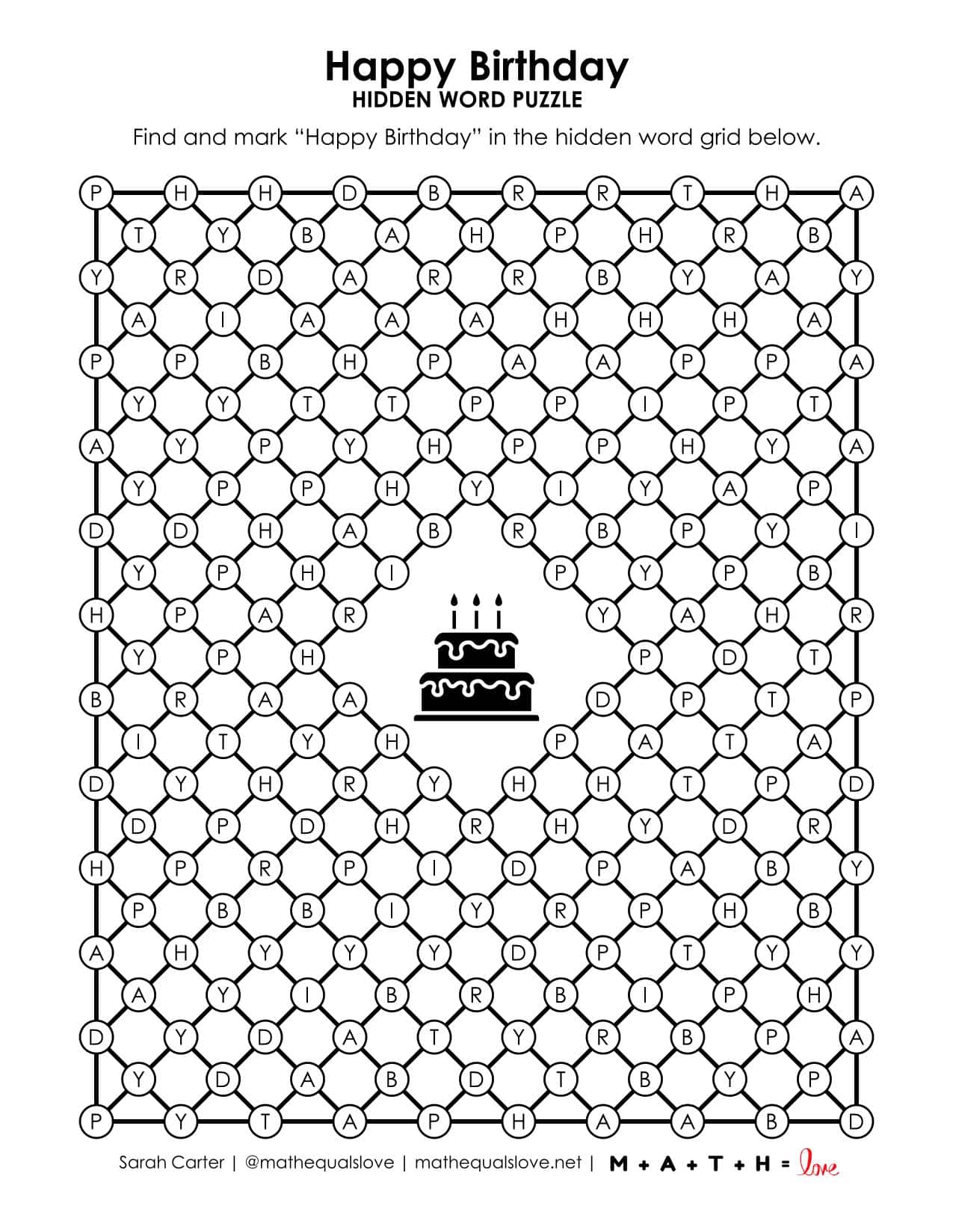 Happy Birthday Hidden Word Puzzle | Math = Love