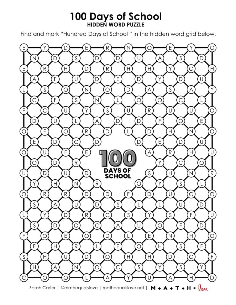 100 Days of School Hidden Word Puzzle | Math = Love