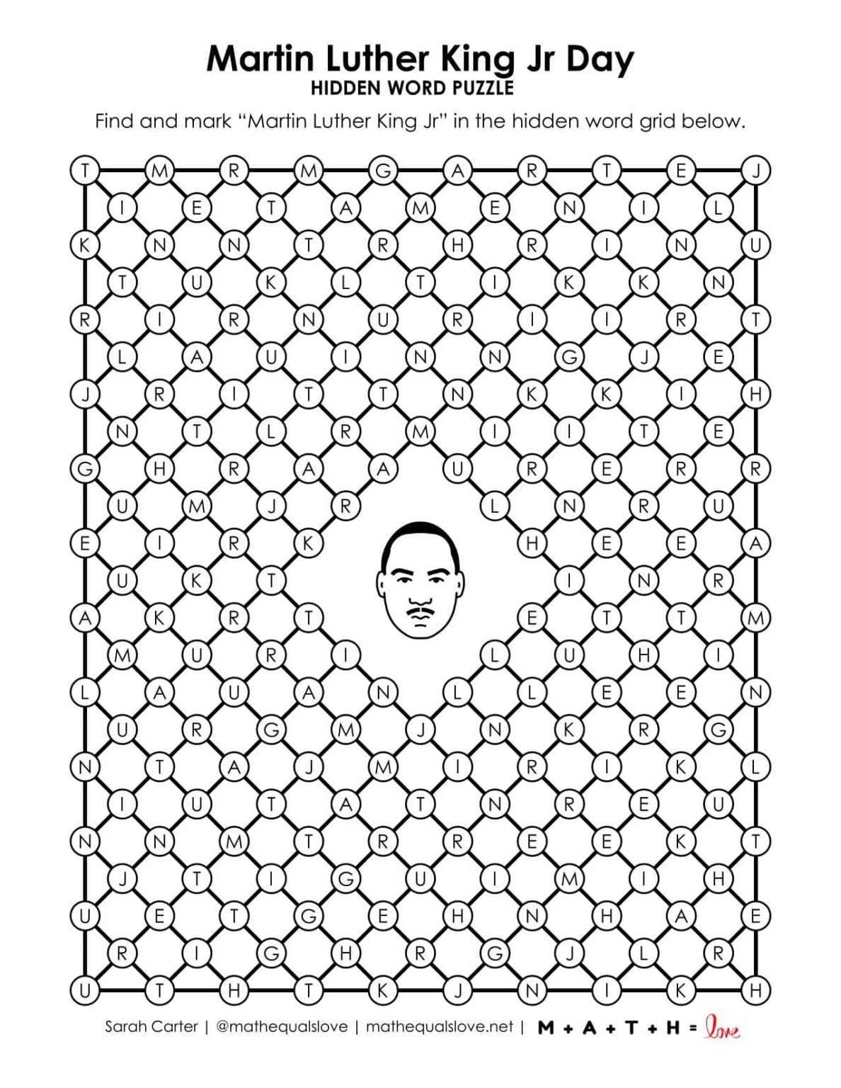 Martin Luther King Jr Day Hidden Word Puzzle | Math = Love