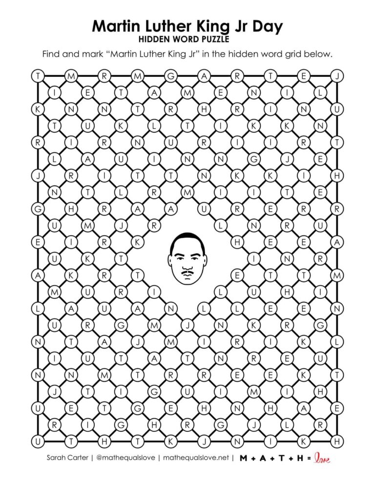 Martin Luther King Jr Day Hidden Word Puzzle | Math = Love