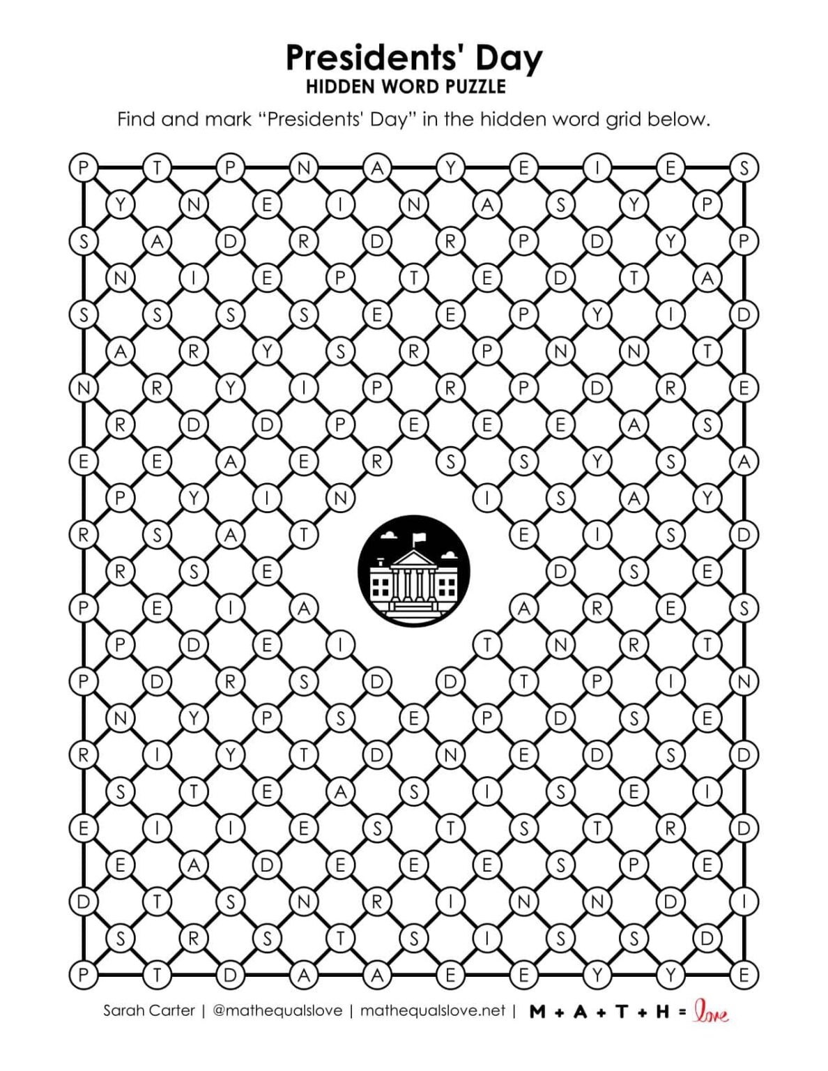 Presidents' Day Hidden Word Puzzle | Math = Love