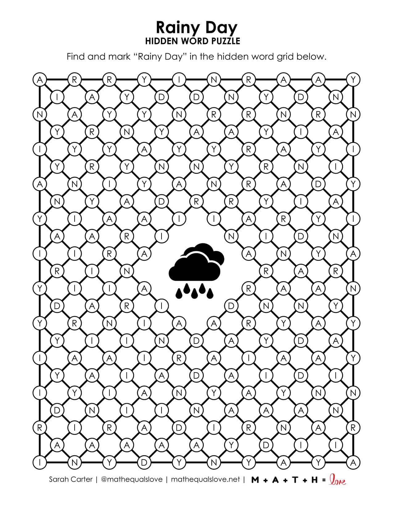 Rainy Day Hidden Word Puzzle | Math = Love