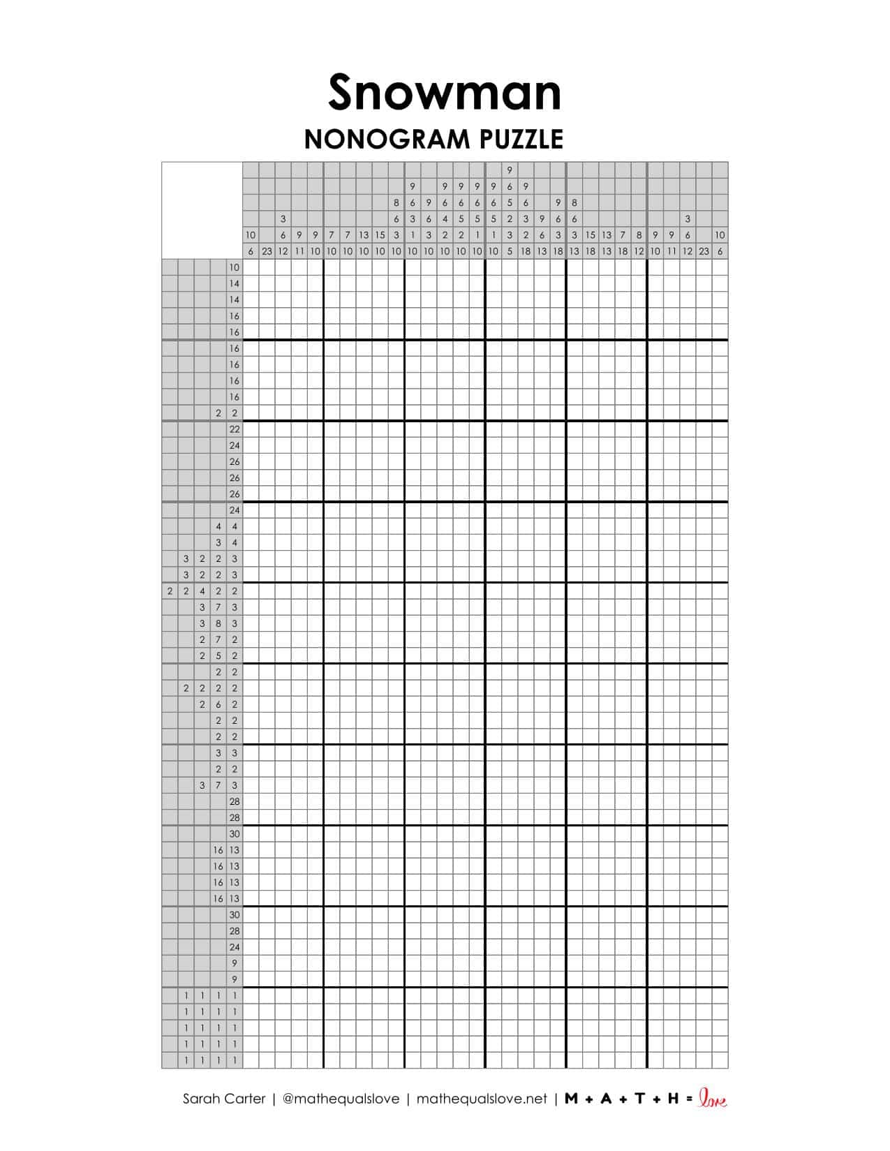 Snowman Nonogram Puzzle | Math = Love