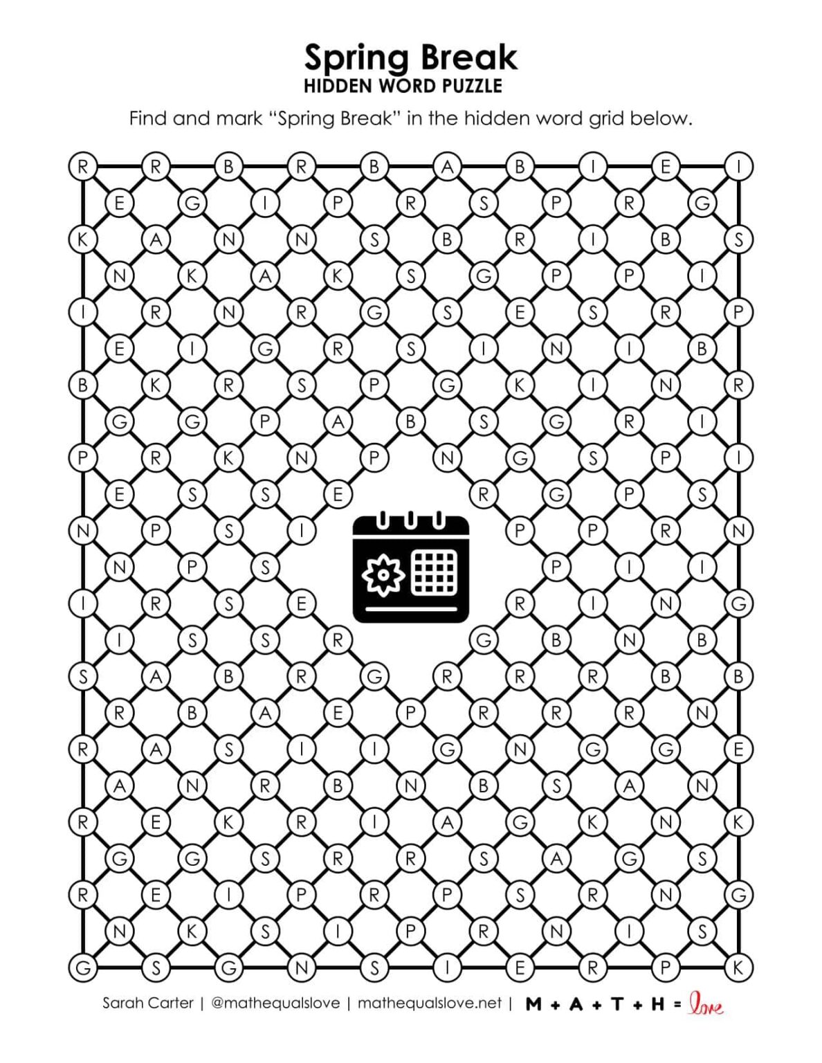 Spring Break Hidden Word Puzzle | Math = Love