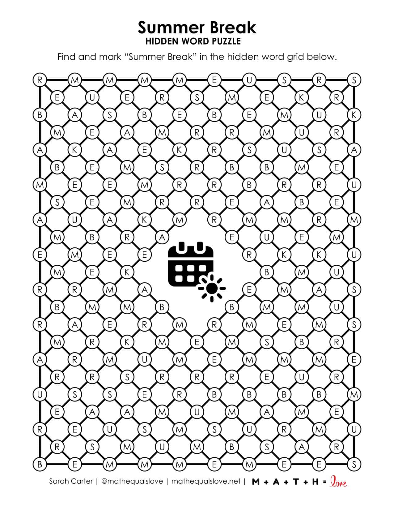 Summer Break Hidden Word Puzzle | Math = Love