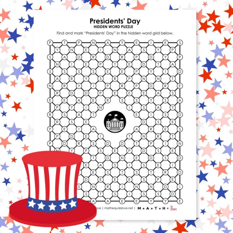 Presidents' Day Hidden Word Puzzle | Math = Love