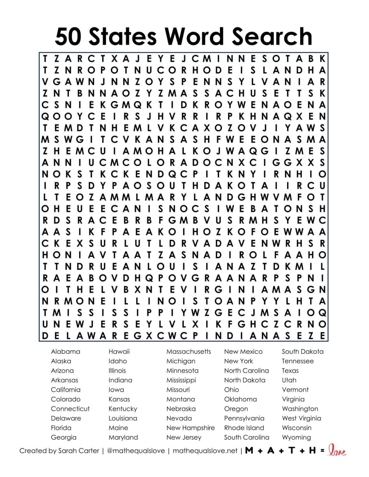 50 States Word Search Puzzle | Math = Love