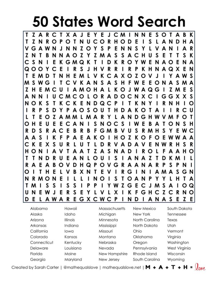 50 States Word Search Puzzle | Math = Love